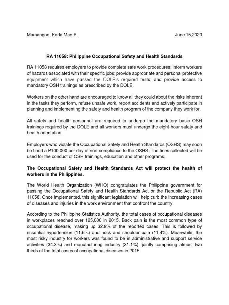 RA 11058: Philippine Occupational Safety and Health Standards | PDF ...