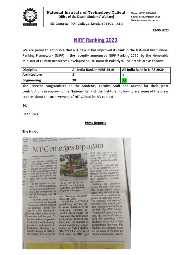 NIRF Ranking 2020: National Institute of Technology Calicut | PDF