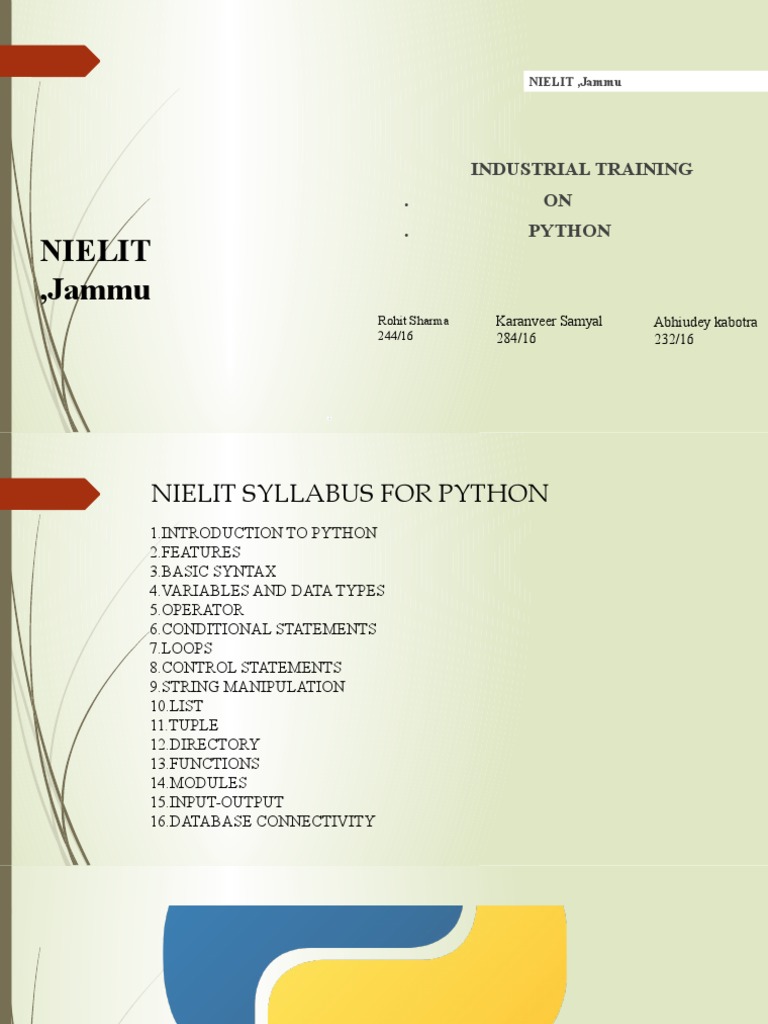Nielit, Jammu: Industrial Training - On - Python | Download Free PDF ...