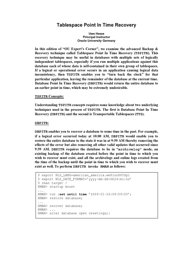 Tablespace Point in Time Recovery | Download Free PDF | Backup | Oracle Corporation