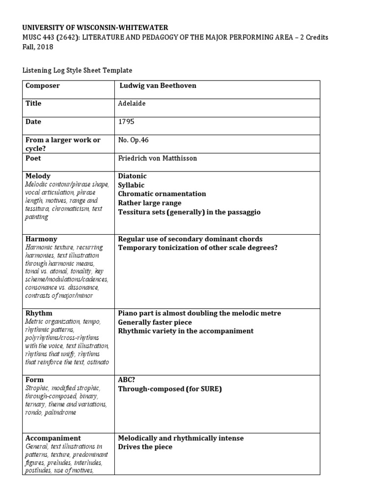 UW-WHITEWATER MUSC 443 LISTENING LOG TEMPLATE | PDF | Rhythm | Harmony