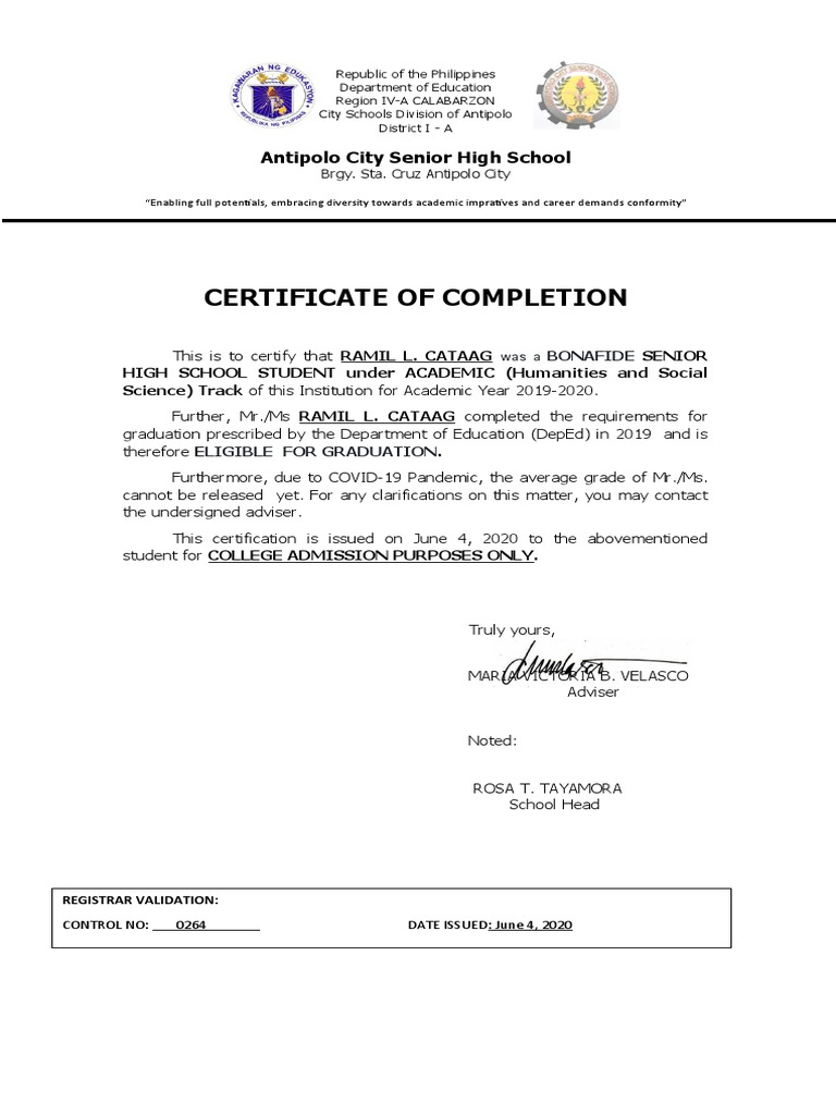 Acshs Cert of Completion | PDF