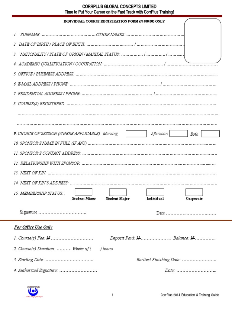 CorrPlus Individual Registration Form | PDF | Career & Growth