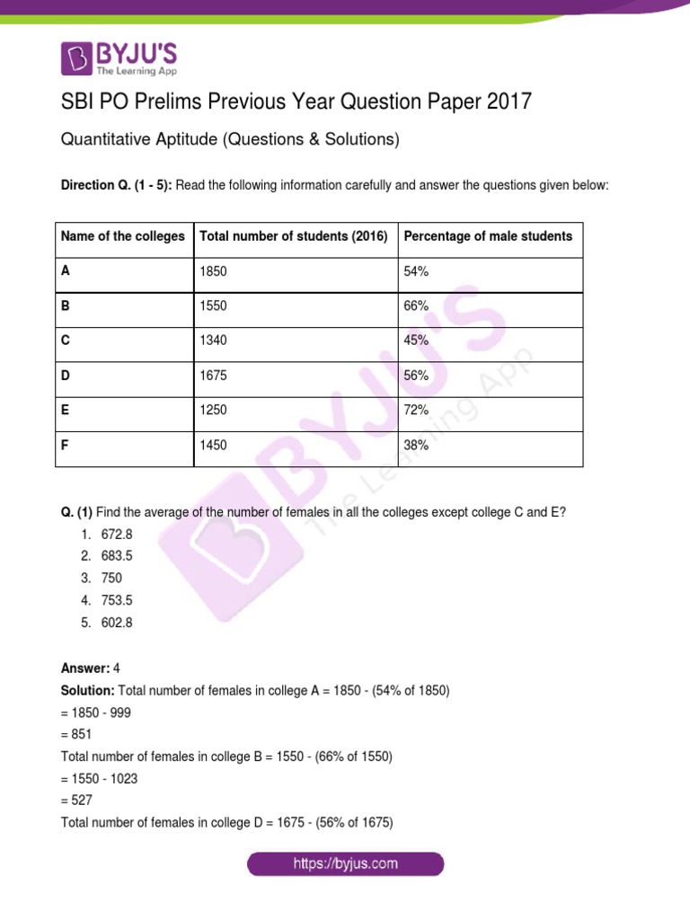 SBI PO Prelims Previous Year Question Paper 2017: Quantitative Aptitude ...