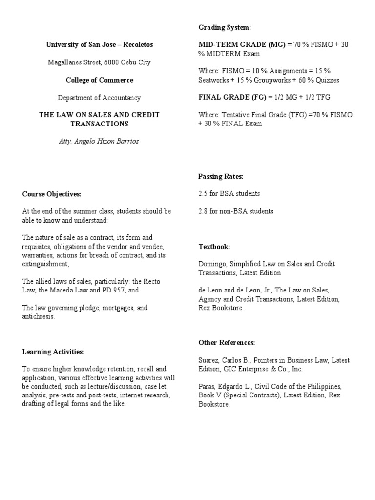 Atty. Angelo Hizon Barrios: Course Outline | PDF | Mortgage Law ...