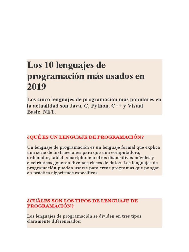Los 10 Lenguajes de Programación Más Usados en 2019 | PDF | Lenguaje de ...
