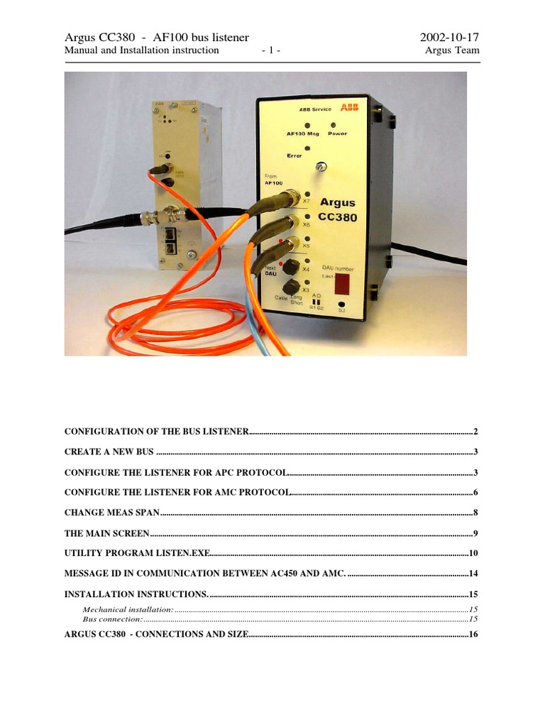 Argus CC380 - AF100 Bus Listener 2002-10-17: Manual and Installation ...