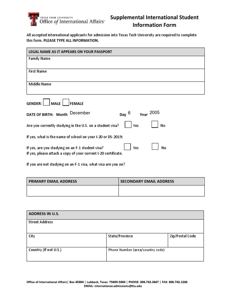 Supplemental International Student Information Form: Legal Name As It Appears On Your Passport ...