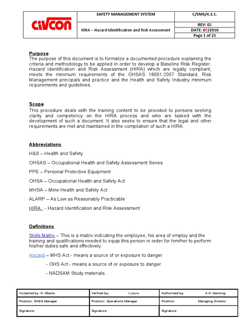 HIRA Procedure for Risk Assessment | PDF | Risk | Occupational Safety ...