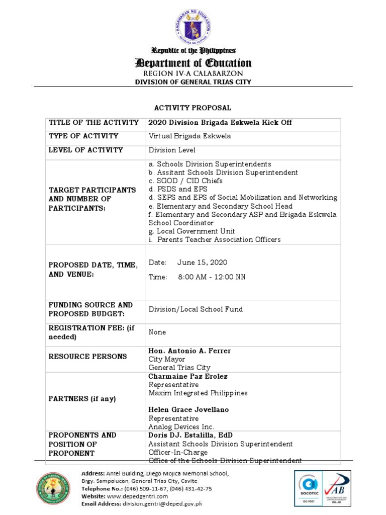 2020 Brigada Eskwela Kick0ff - Proposal - Activity Matrix - Be Kick Off ...