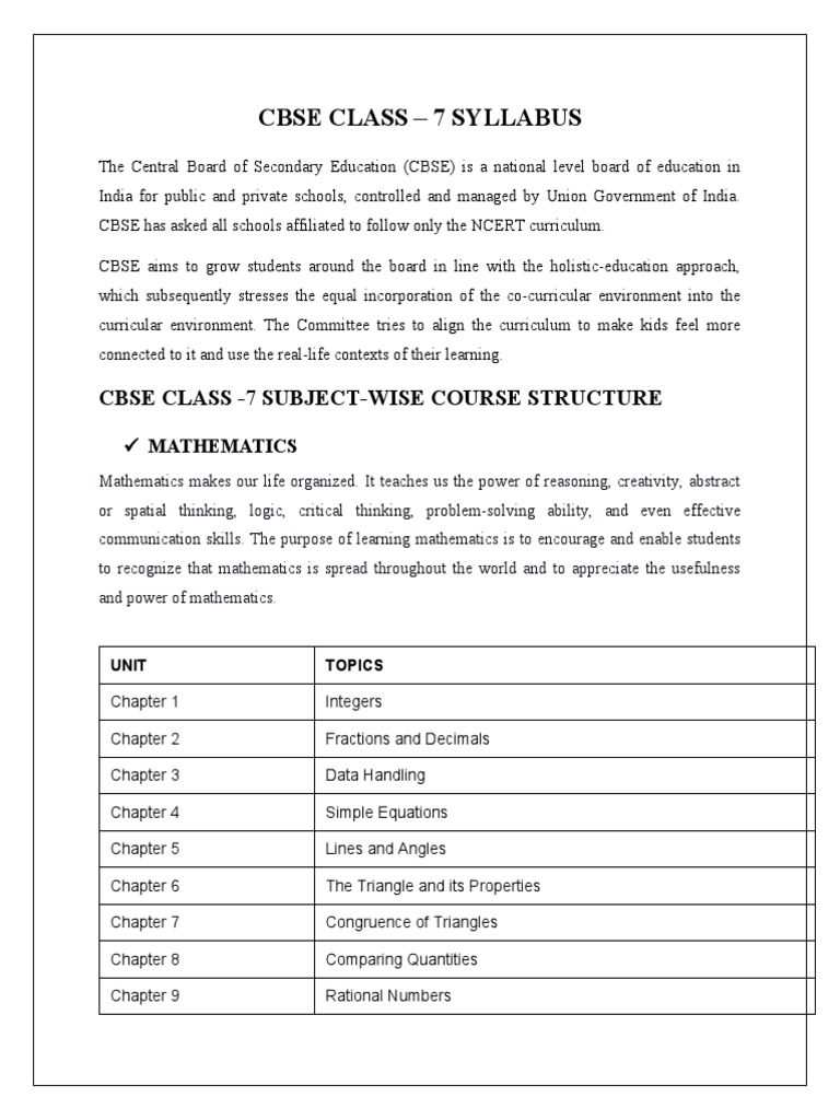 Cbse Class - 7 Syllabus | PDF | Teaching Mathematics | Curriculum