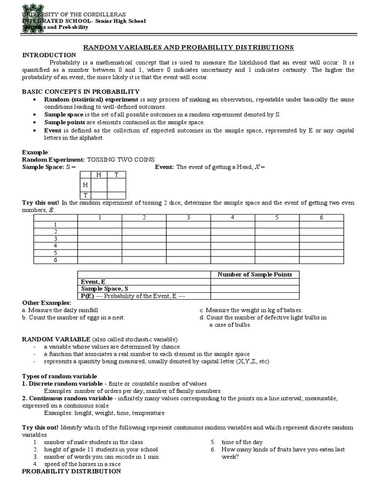 Random Variables and Probability Distributions | PDF | Random Variable | Probability Distribution