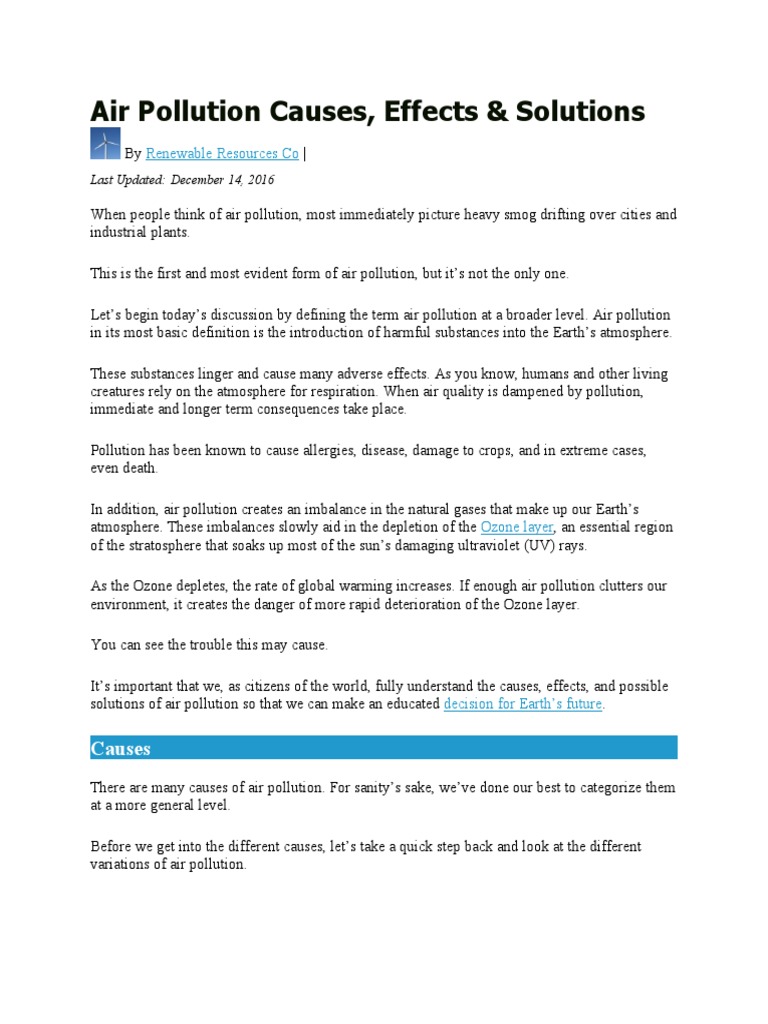 Air Pollution Causes, Effects & Solutions: Renewable Resources Co | PDF ...