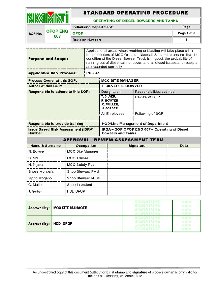 Sop OPOP Eng 007 - Operating Diesel Bowsers and Tanks | PDF | Personal ...