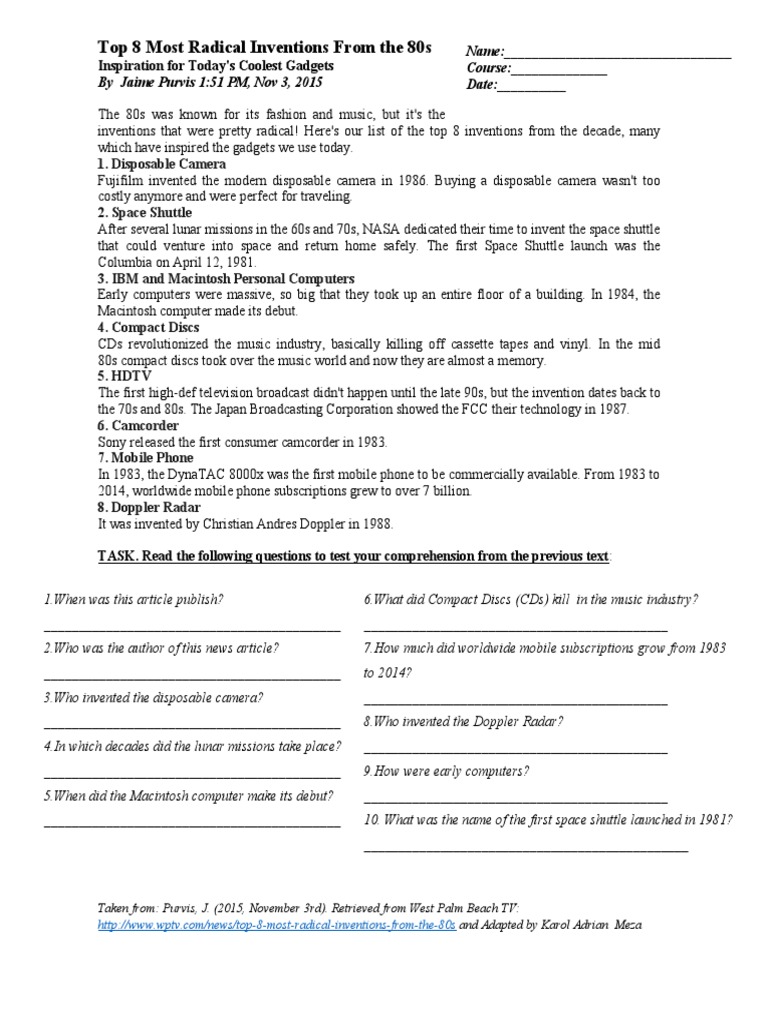 To 8 Most Radical Inventions From The 80s Decade Reading Comprehension ...