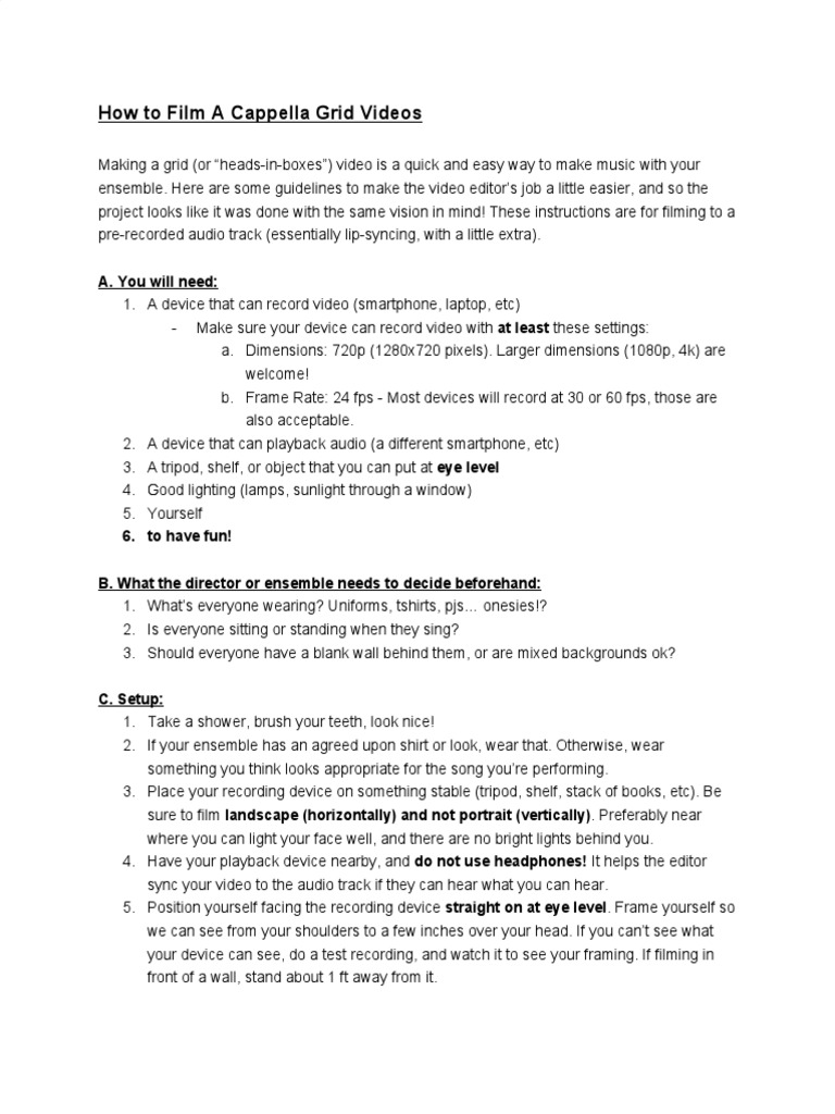 How To Film A Cappella Grid Videos: A. You Will Need | PDF | Frame Rate