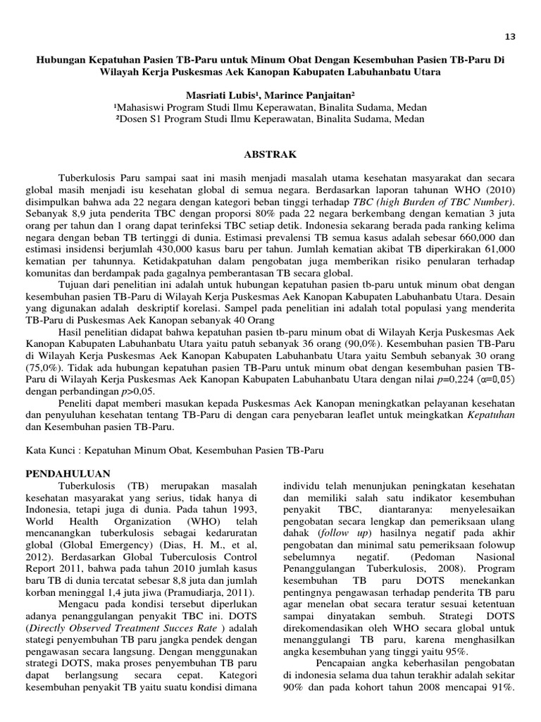 Hubungan Kepatuhan Pasien TB-Paru Untuk Minum Obat Dengan Kesembuhan Pasien TB-Paru Di Wilayah ...