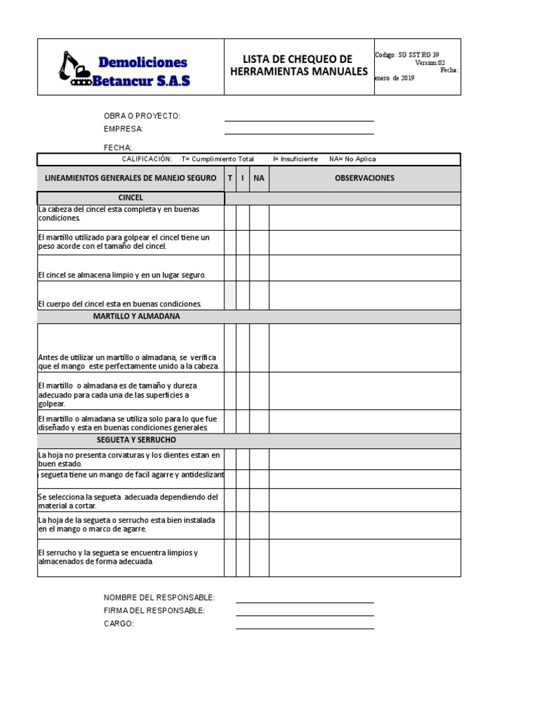 Anexo 74 .Lista de Chequeo Herramientas Manuales | PDF