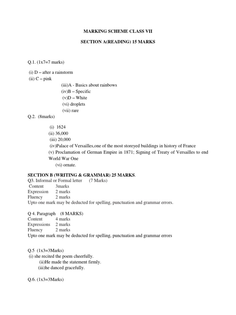 Marking Scheme Class Vii Section A (Reading) 15 Marks | PDF