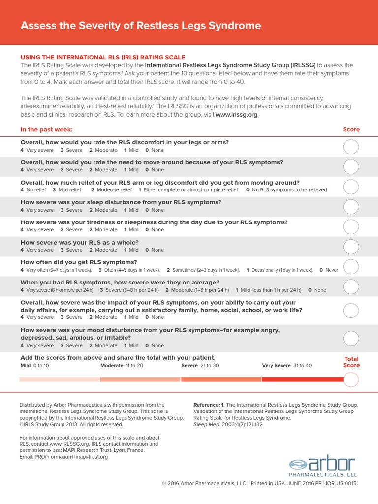 Restless Legs Syndrome RLS Rating Scale | PDF | Human Diseases And ...