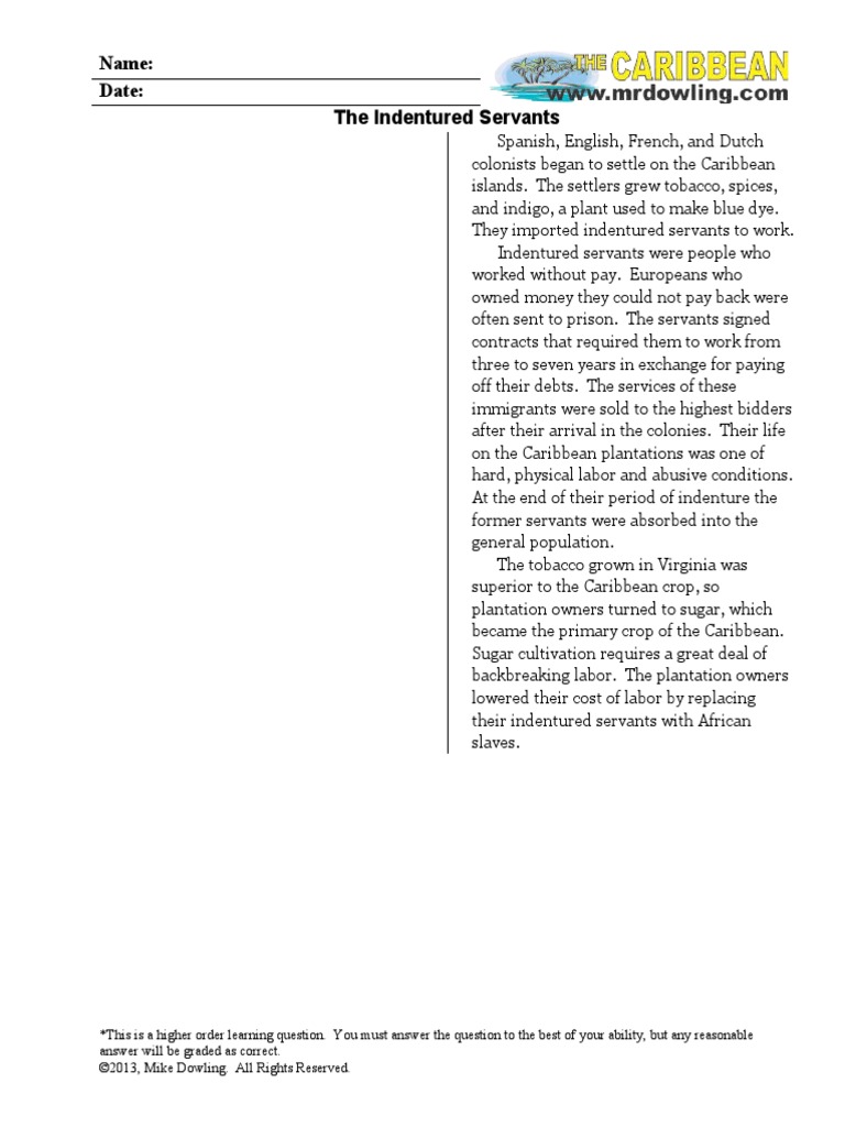 Name: Date: The Indentured Servants | PDF | Plantation | Caribbean
