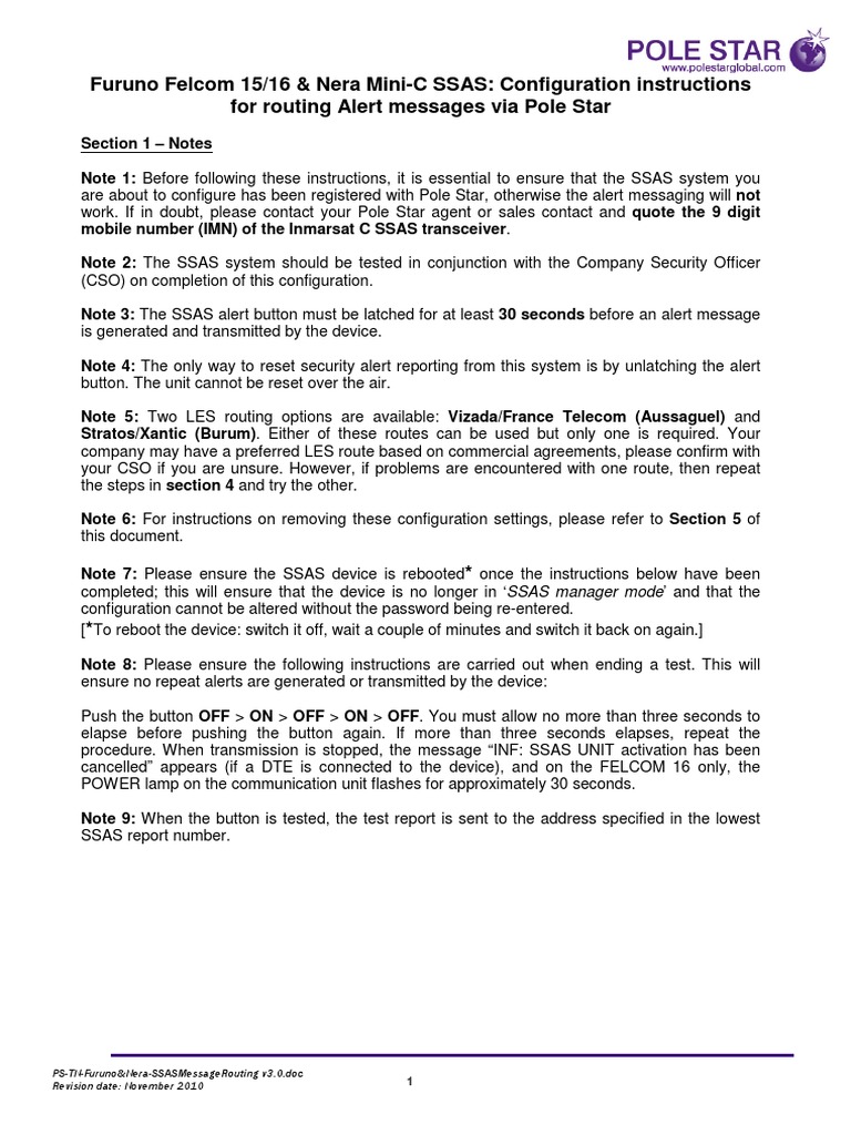 Furuno Felcom 15/16 & Nera Mini-C SSAS: Configuration Instructions For ...