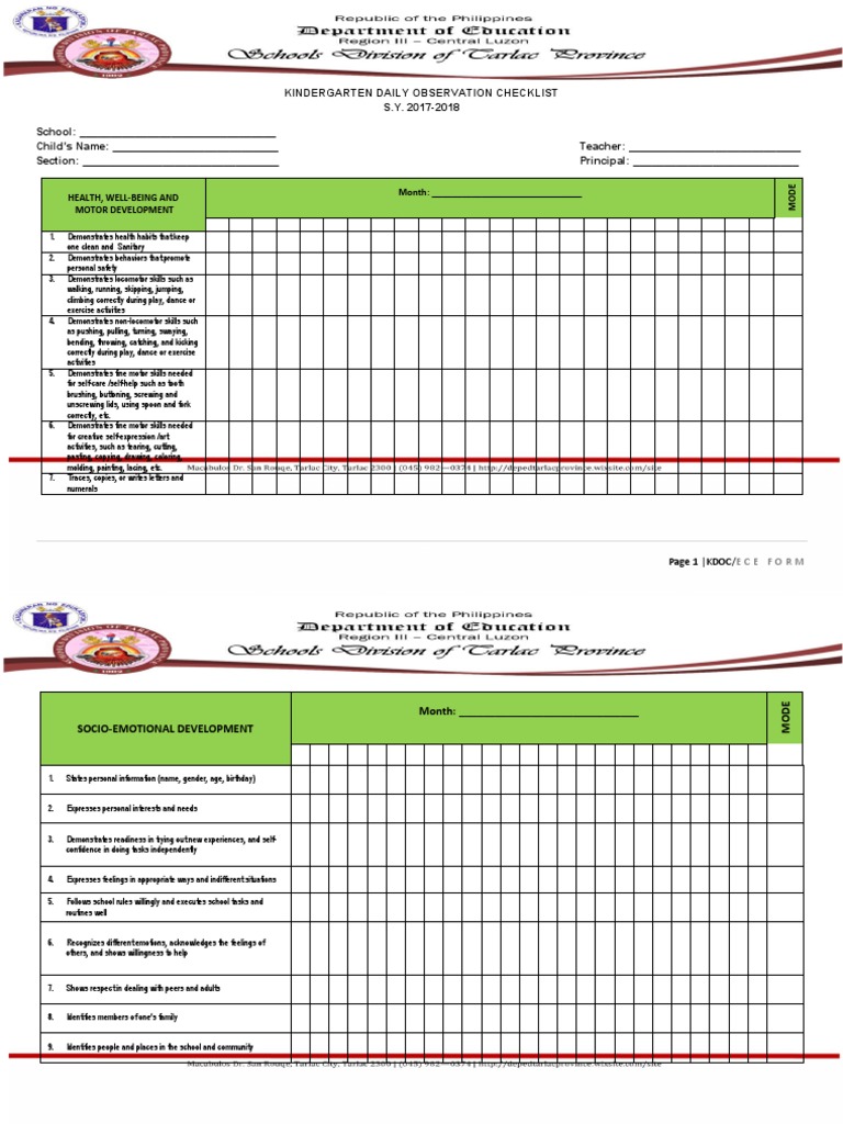 Kindergarten Daily Observation Checklist | PDF | Letter Case | Human ...