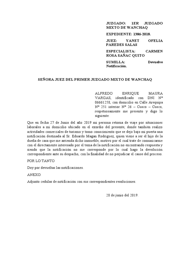 Modelo Devolución de Cedulas de Notificación | PDF