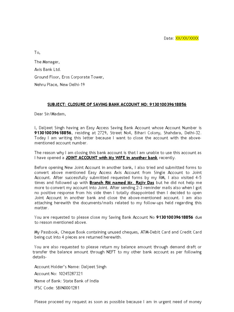 Subject: Closure of Saving Bank Account No: 913010039618856 | PDF ...
