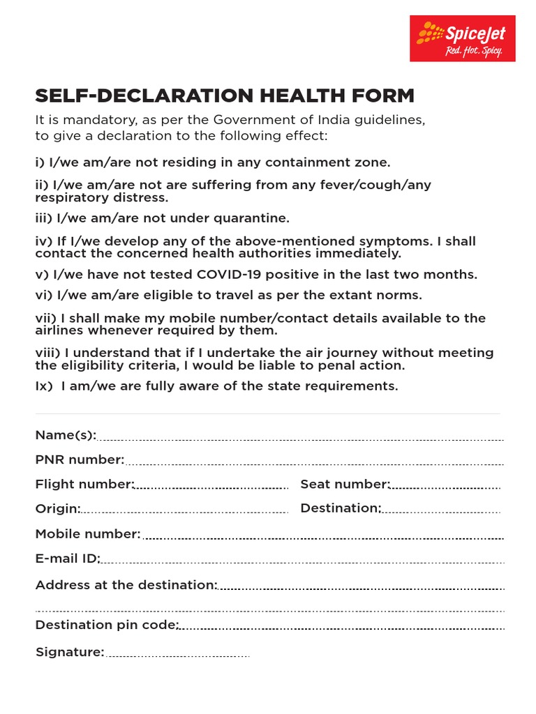 Self Declaration Health Form | PDF