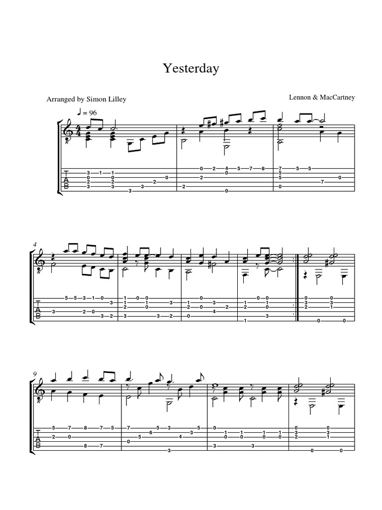 Yesterday: Q 96 Arranged by Simon Lilley | PDF | Songs Written | Paul ...
