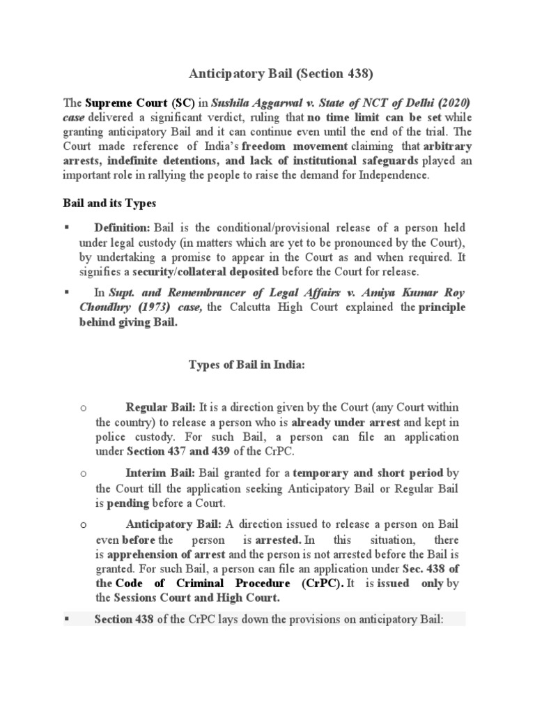 Anticipatory Bail (Section 438) : Supreme Court (SC) | Download Free PDF | Bail | Arrest