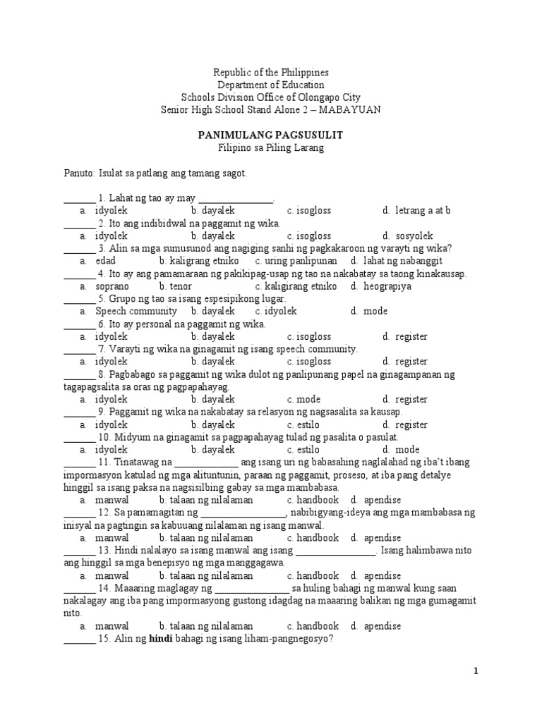Diagnostic Exam - Filipino | PDF
