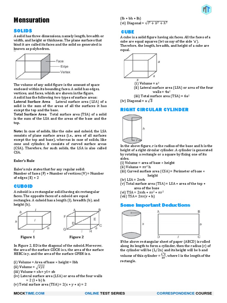 Mensuration of Solids and Formulas | PDF | Area | Sphere