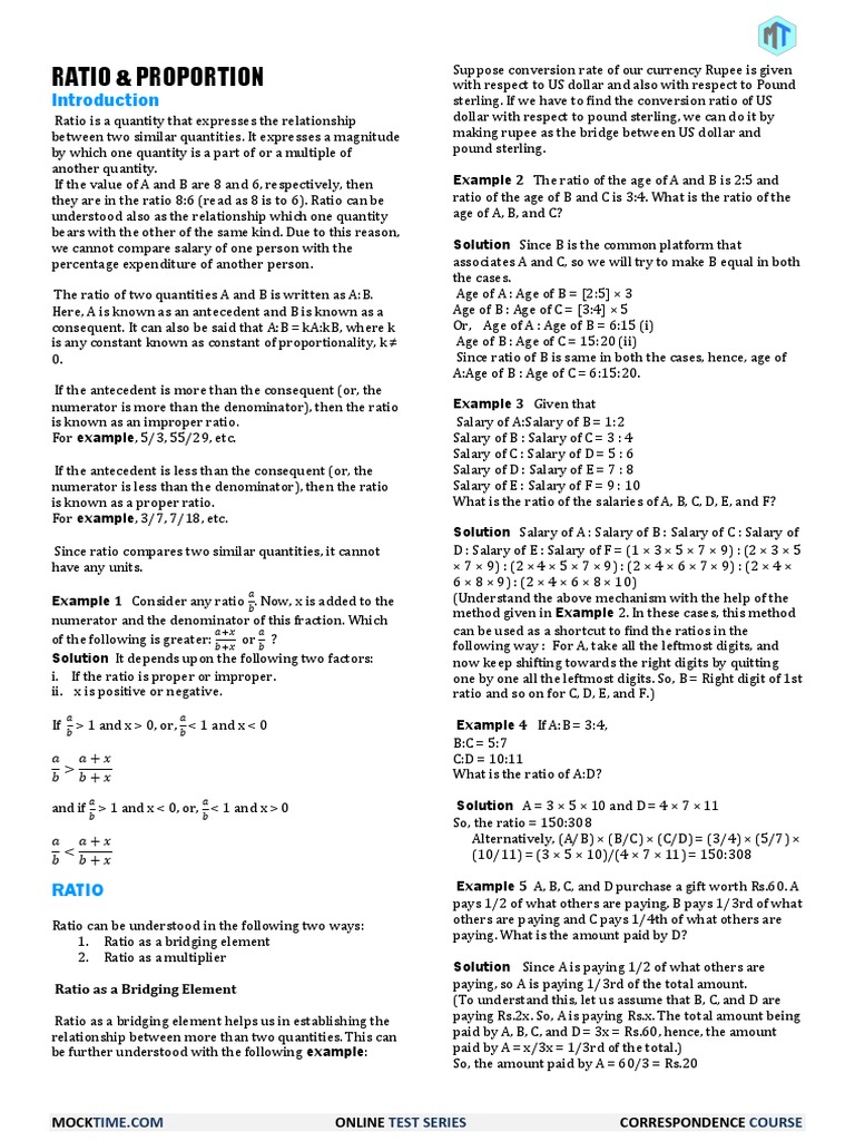Ratio & Proportion: Example | PDF | Fraction (Mathematics) | Numbers