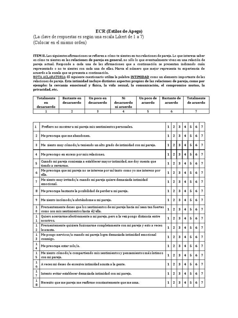 ECR-R Original | PDF | Escala Likert | Conceptos psicologicos
