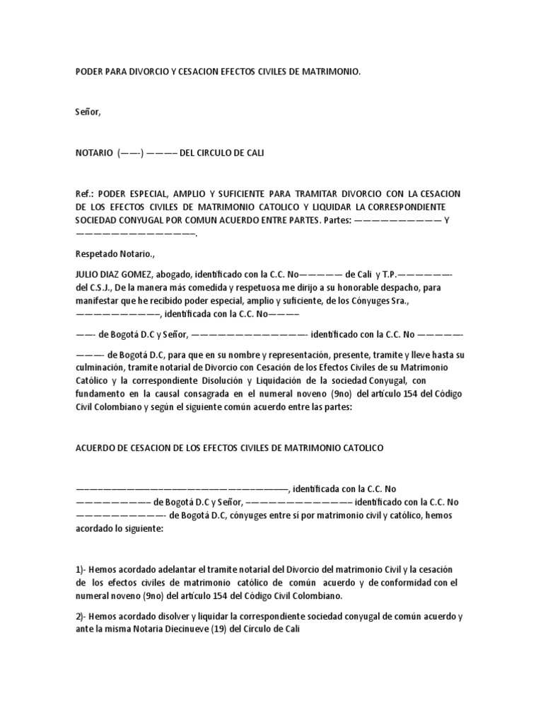 Poder para Divorcio y Cesacion Efectos Civiles de Matrimonio | PDF | Propiedad de la comunidad ...