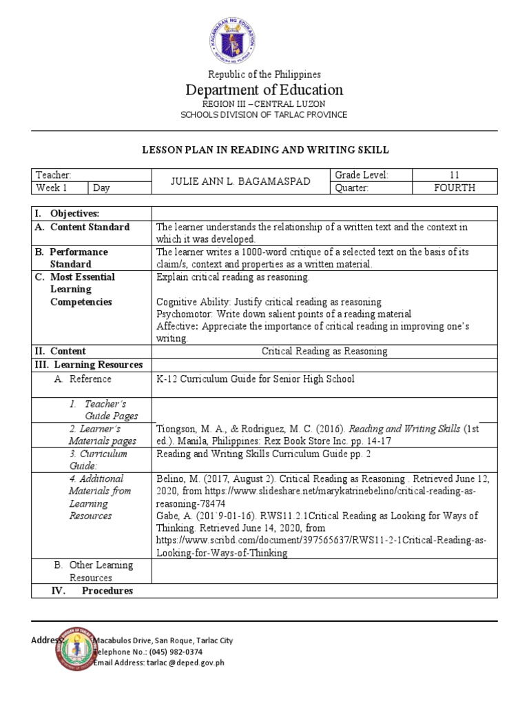 Critical Reading and Writing Lesson Plan | PDF | Critical Thinking | Reason