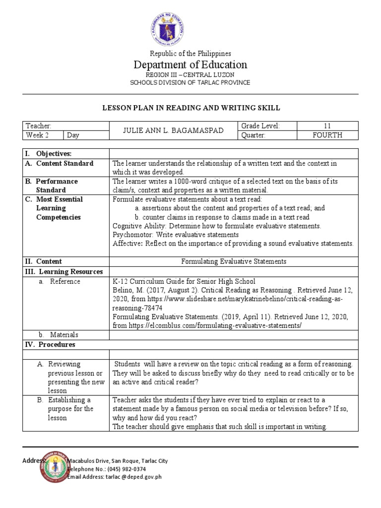 Department of Education: Lesson Plan in Reading and Writing Skill | PDF ...