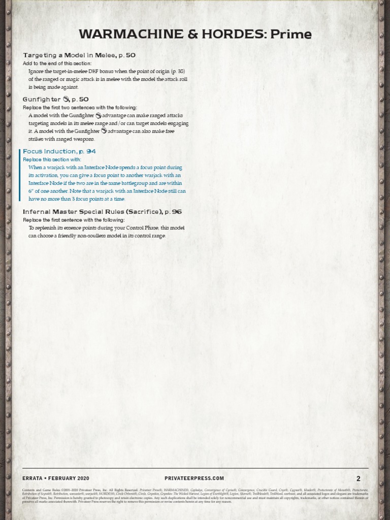 Warmachine & Hordes: Prime: Errata - February 2020 | PDF