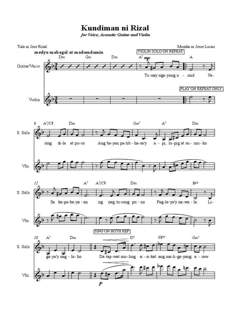 KUNDIMAN NI RIZAL (FULL SCORE) For Voice, Acoustic Guitar and Violin | PDF