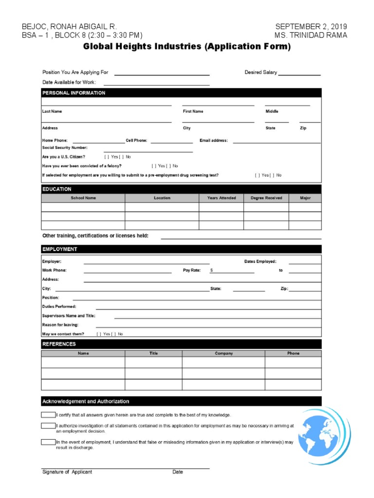 Global Heights Industries (Application Form) | PDF