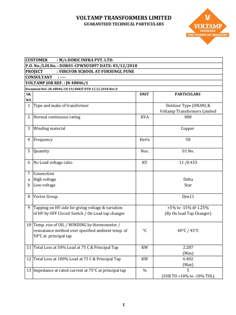 Voltamp Transformers Limited: SR. NO | PDF | Power Engineering | Transformer