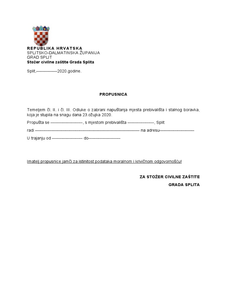 Obrazac Propusnice | PDF