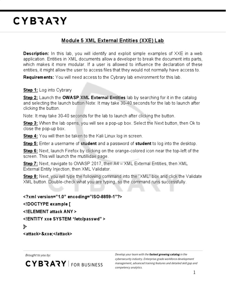 Module 5 XML External Entities (XXE) Lab: Brought To You by | PDF | Xml | Button (Computing)