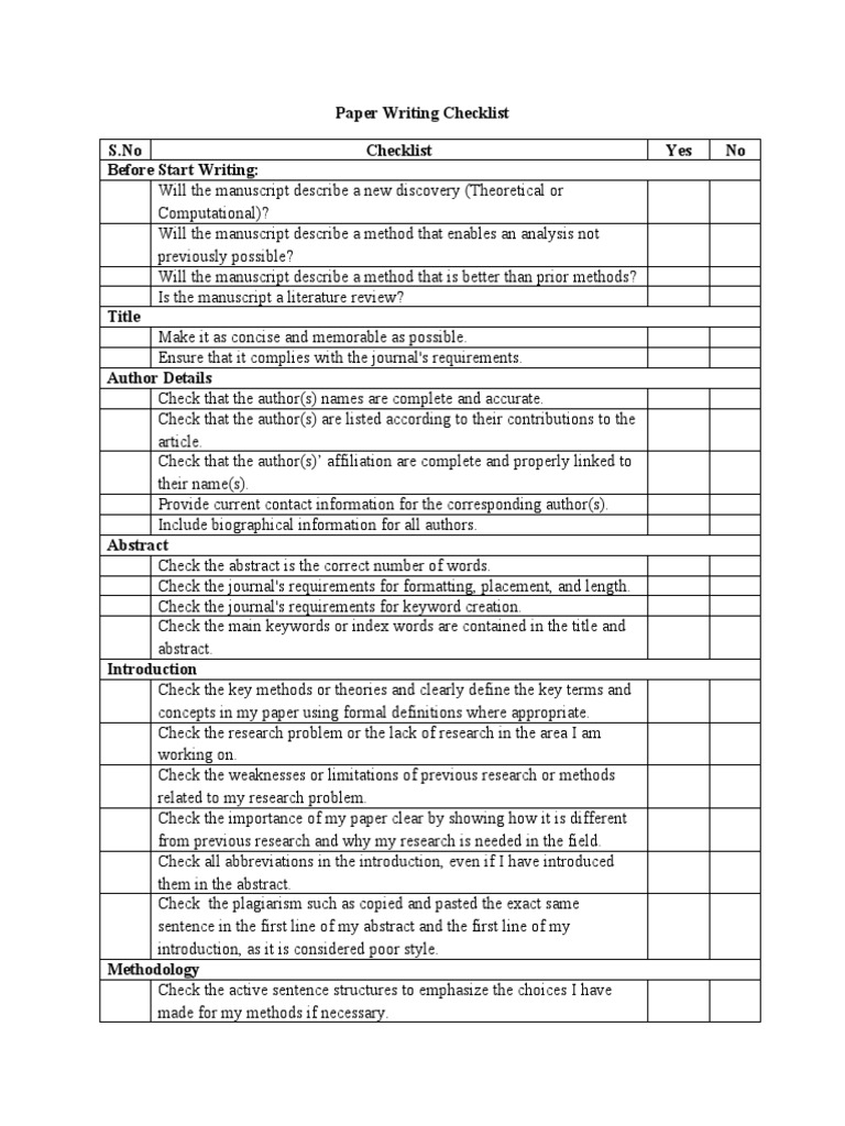 Paper Writing Checklist S.No Checklist Yes No Before Start Writing ...