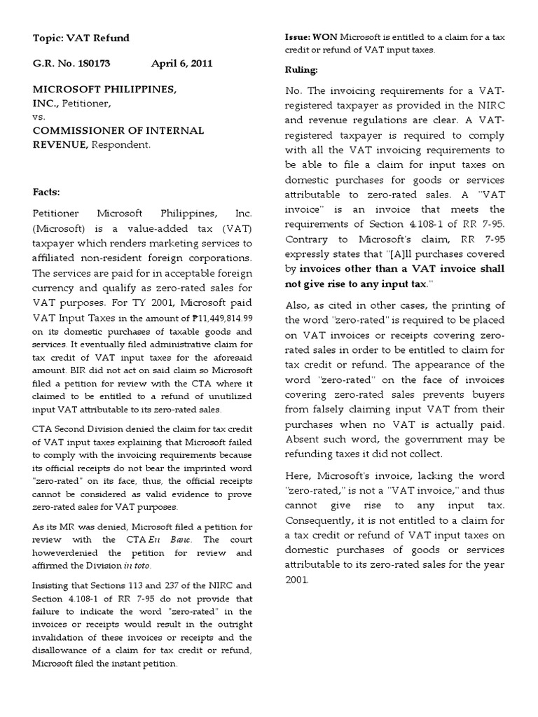 VAT Refund Denied for Lack of "Zero-Rated | PDF | Value Added Tax | Invoice