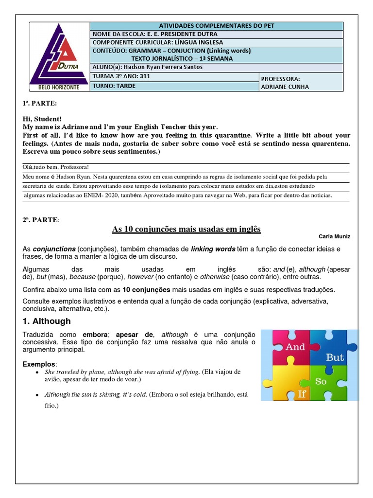 ATIVIDADE COMPLEMENTAR PET - 3º ANO - 1 Semana PDF | PDF | Gramática | Semiótica