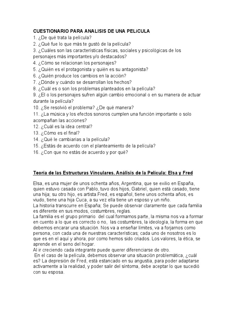CUESTIONARIO PARA ANALISIS DE UNA PELíCULA | PDF | Amor | Sicología