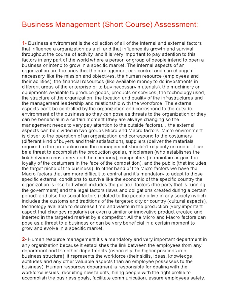 Business Management (Short Course) Assessment | PDF | Marketing | Goal